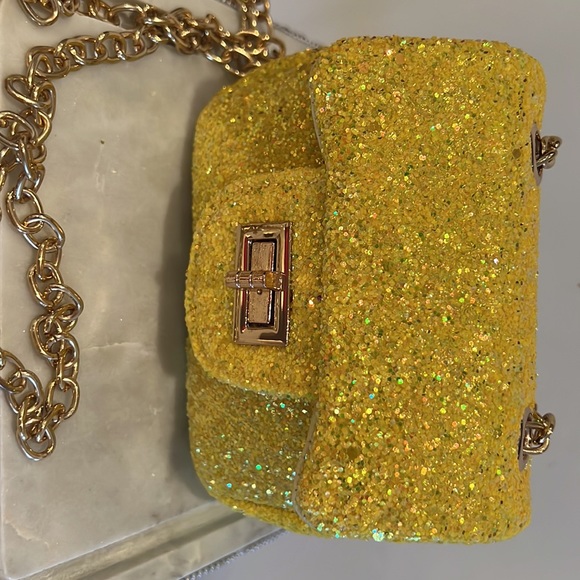 Bags | Glitter Mini Bag Neon Yellow Color With Gold Chain 5x4x2 | Poshmark